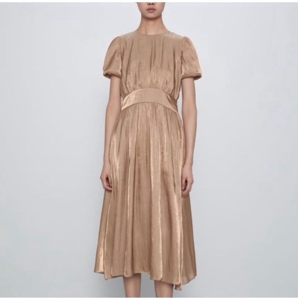 Zara | Dresses | Zara Copper Gold Shimmer Long Midi Dress With Gigot ...